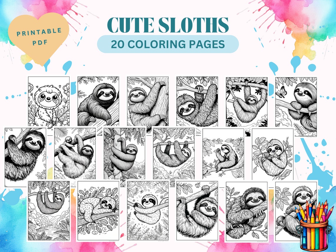 Cute Sloths Coloring Pages | Instant Download | PDF Cute Sloths ...
