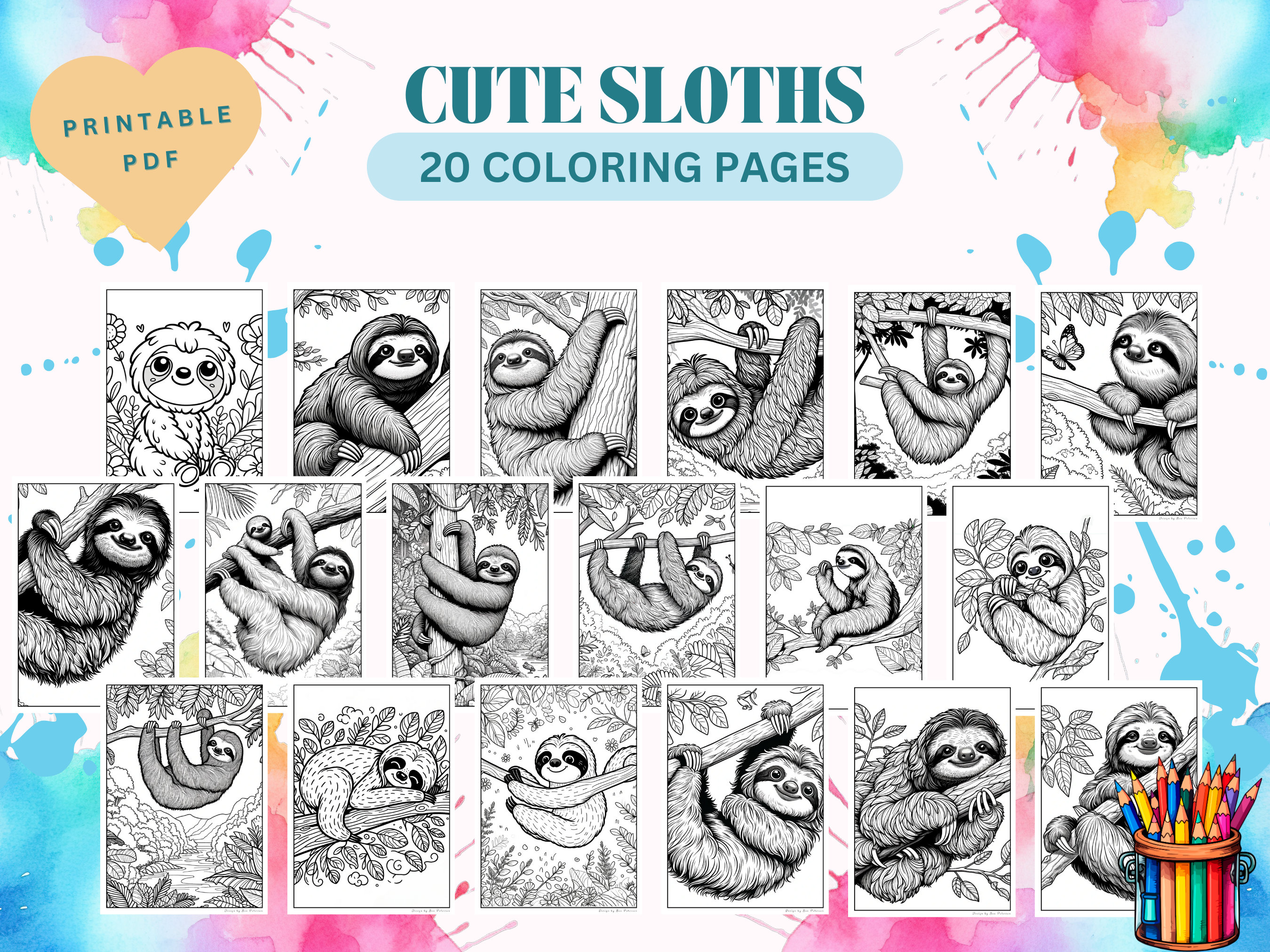 Cute Sloths Coloring Pages | Instant Download | PDF Cute Sloths ...