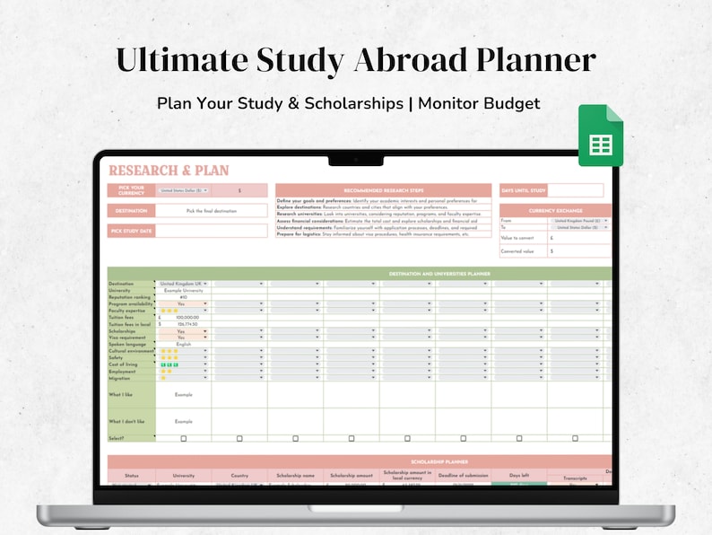 Study Abroad Planner Google Sheet, Student Budget Tracker, Scholarship ...