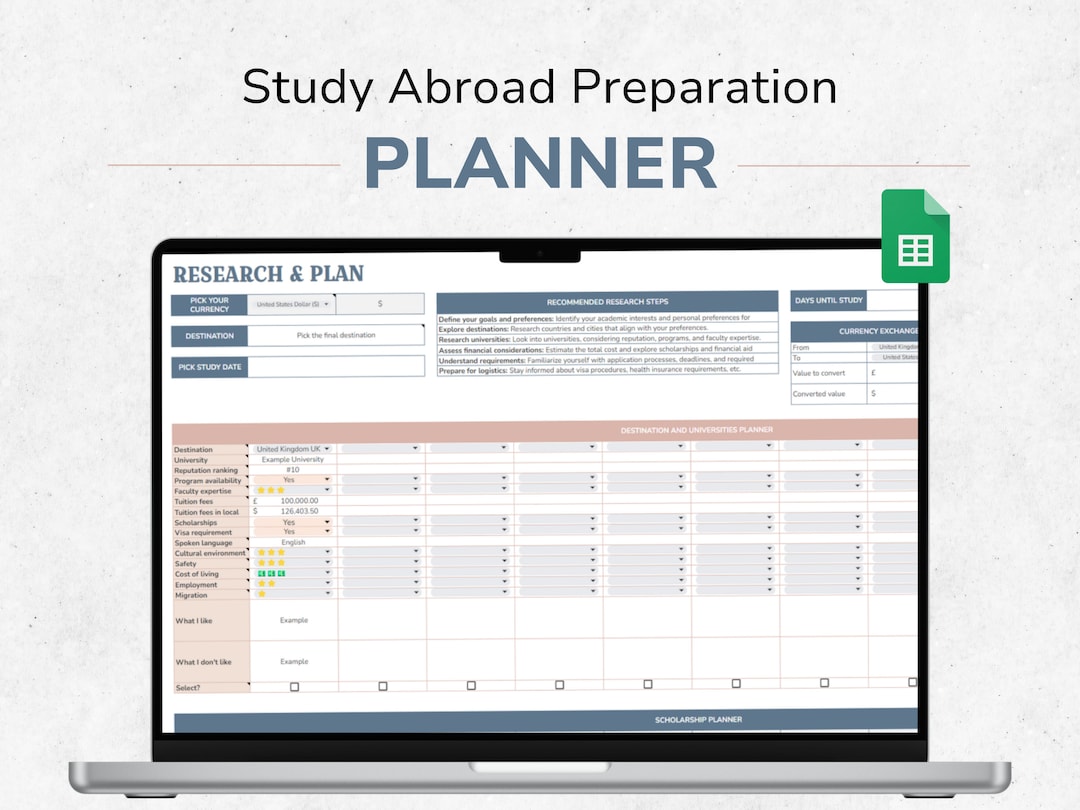 Study Abroad Preparation Planner Spreadsheet | Scholarship Tracker | Student Travel Planner ...