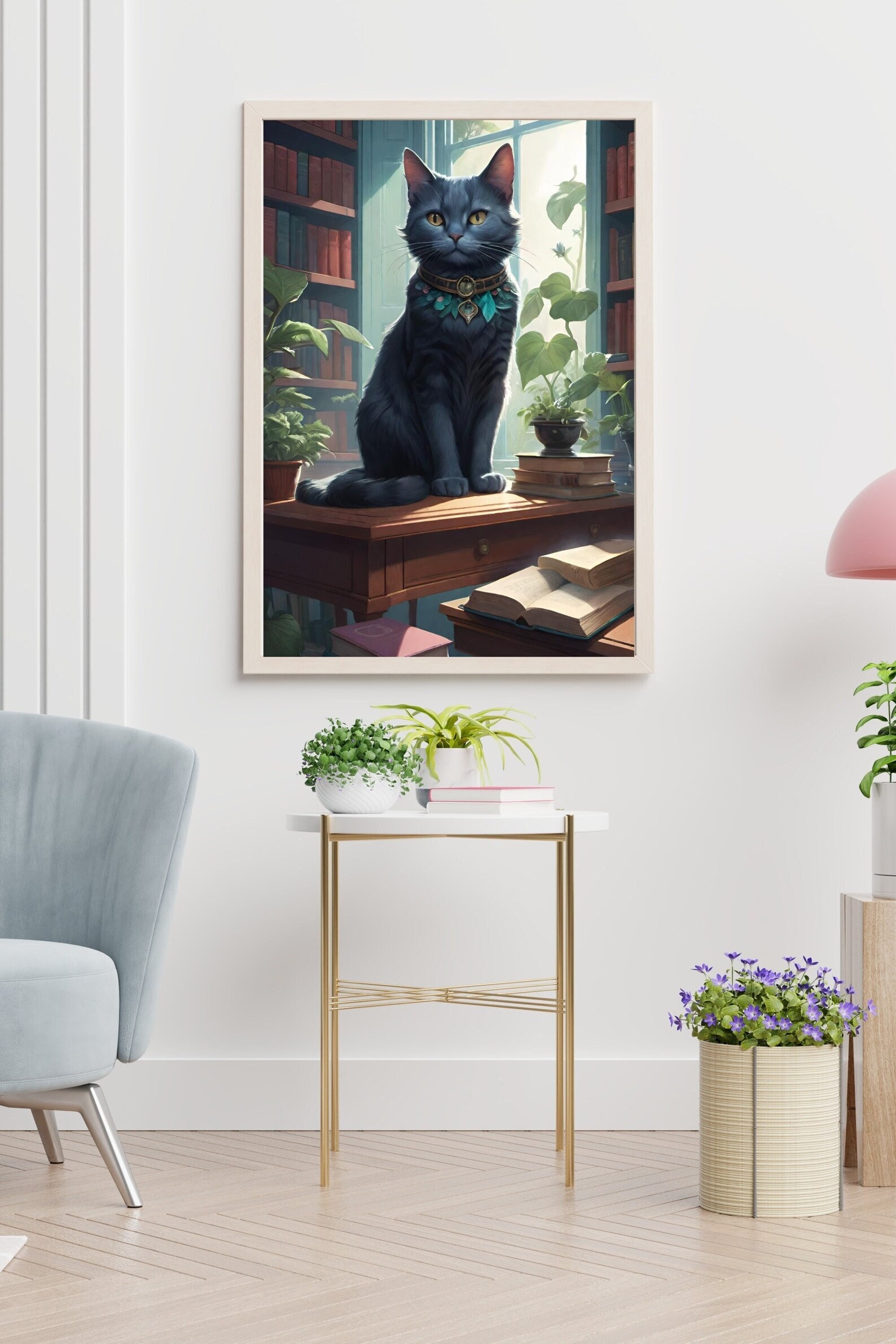 Black Cat, Library, Books, Art Print, Painting, Gifts for Cat Lovers ...