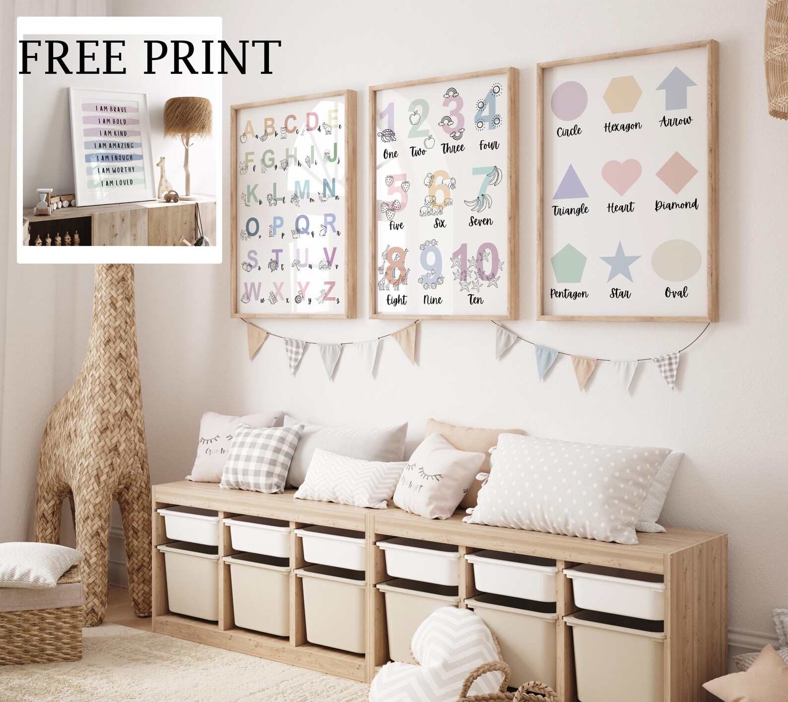 Set of 3 Educational Wall Art for Playroom Alphabet Poster for ...