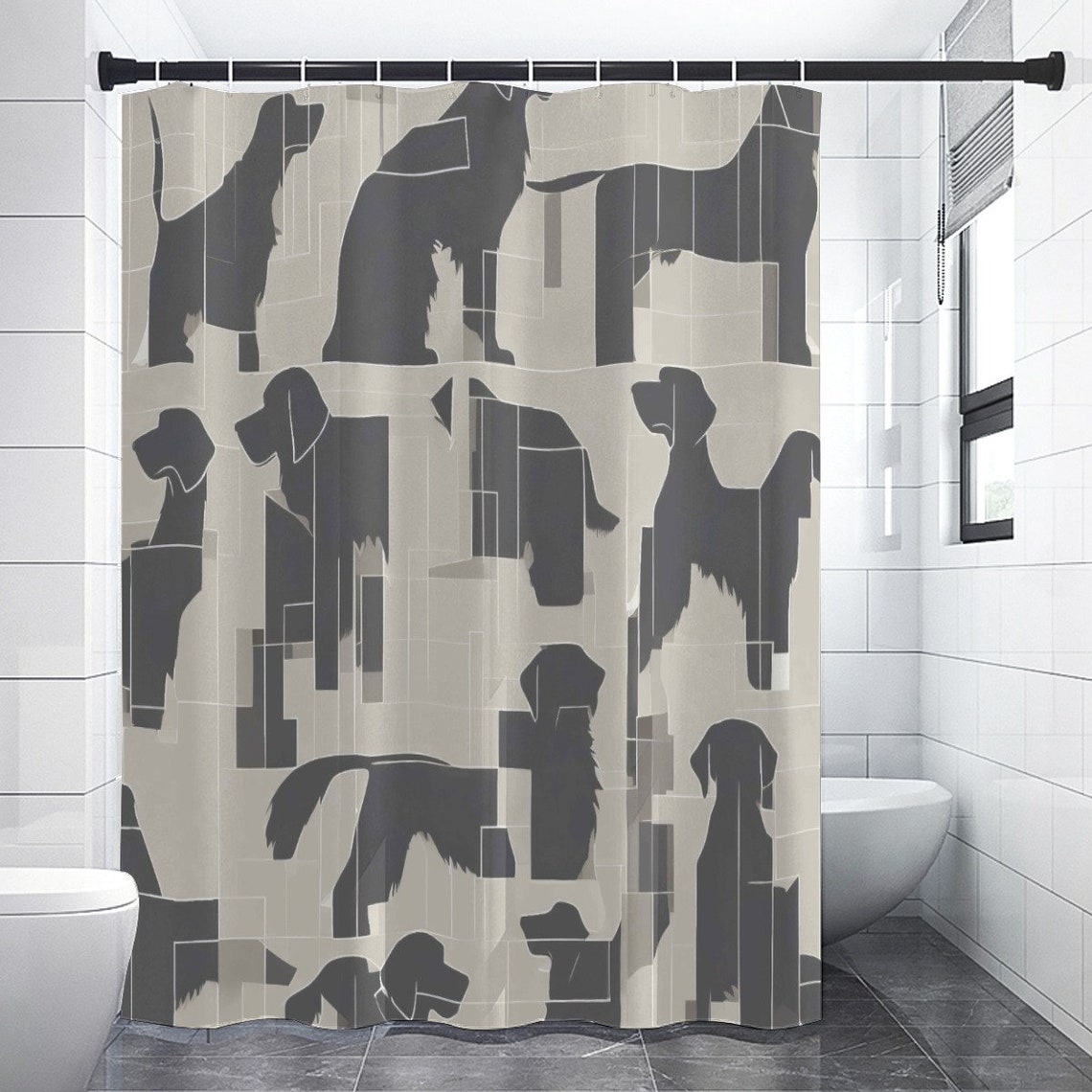 Mid Century Fluxus De Stijl Dog Shower Curtain, Custom Dog Breed Shower ...