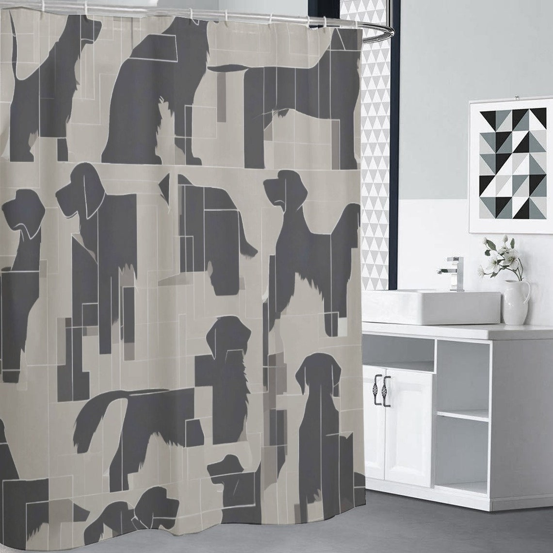 Mid Century Fluxus De Stijl Dog Shower Curtain, Custom Dog Breed Shower ...
