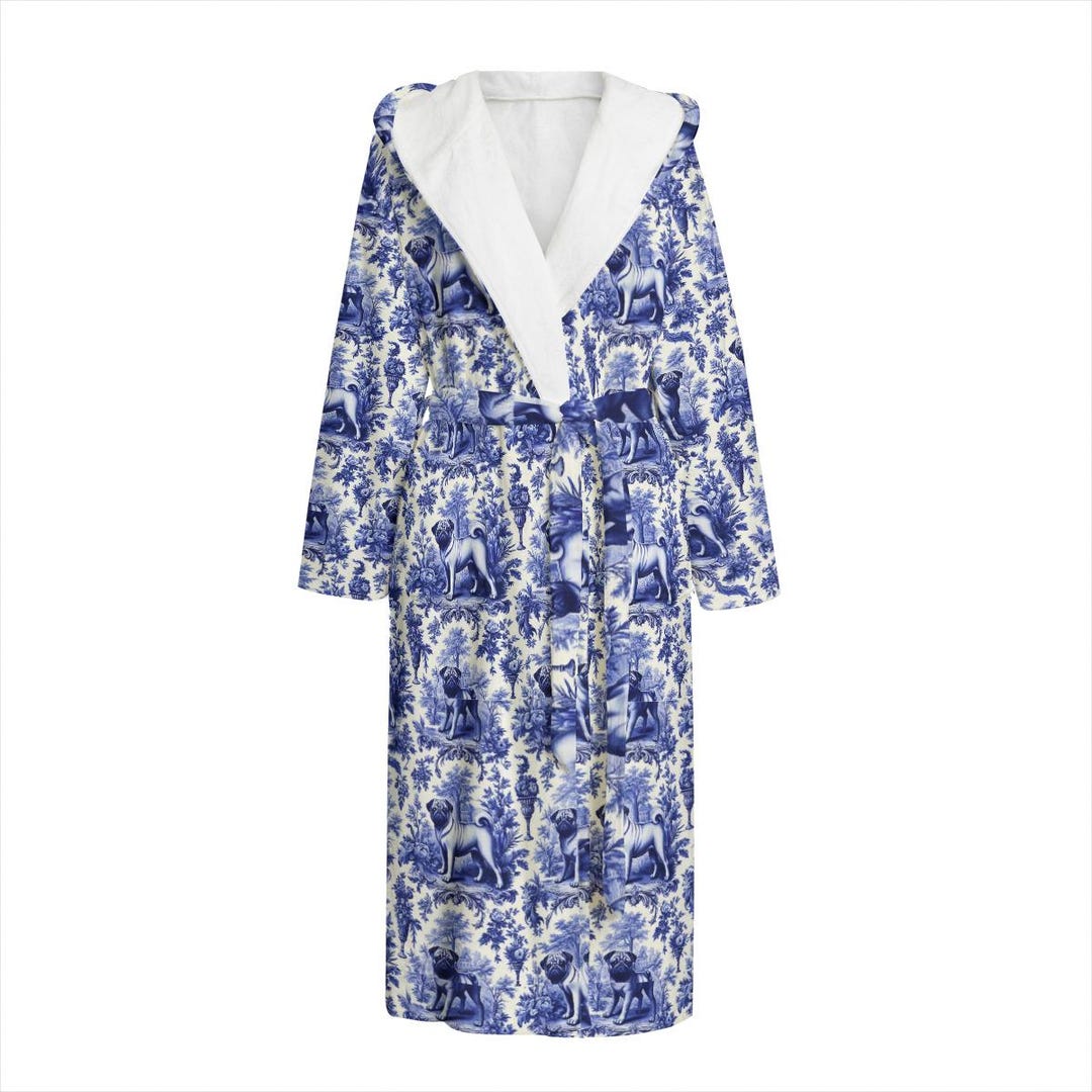 Pug Toile De Jouy Dog Plush Robe, Hooded Bathrobe, Unisex Thick Cozy ...