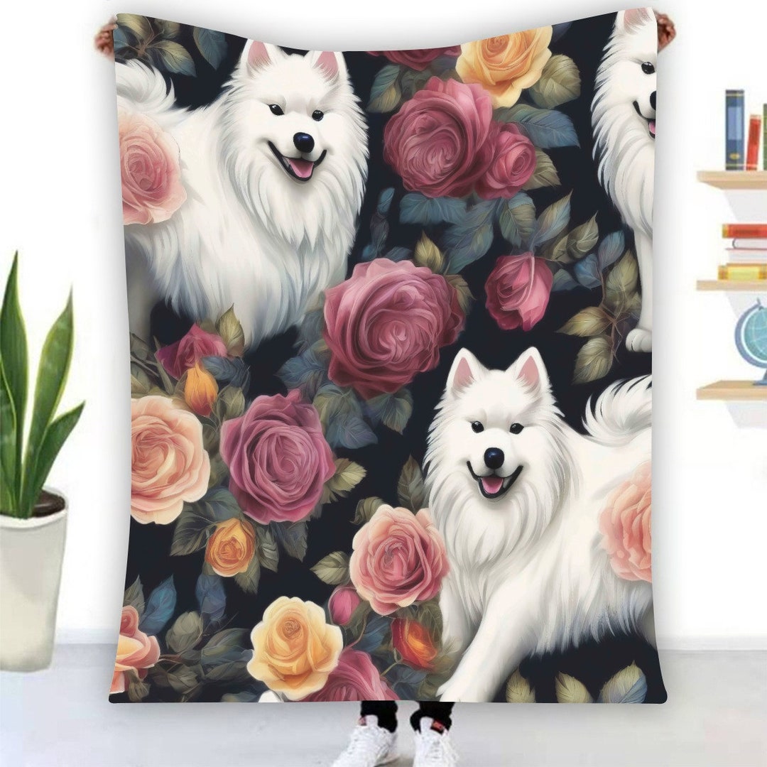 Samoyed Floral Dog Minky Blanket, Plush Bohemian Throw, Victorian Cover ...