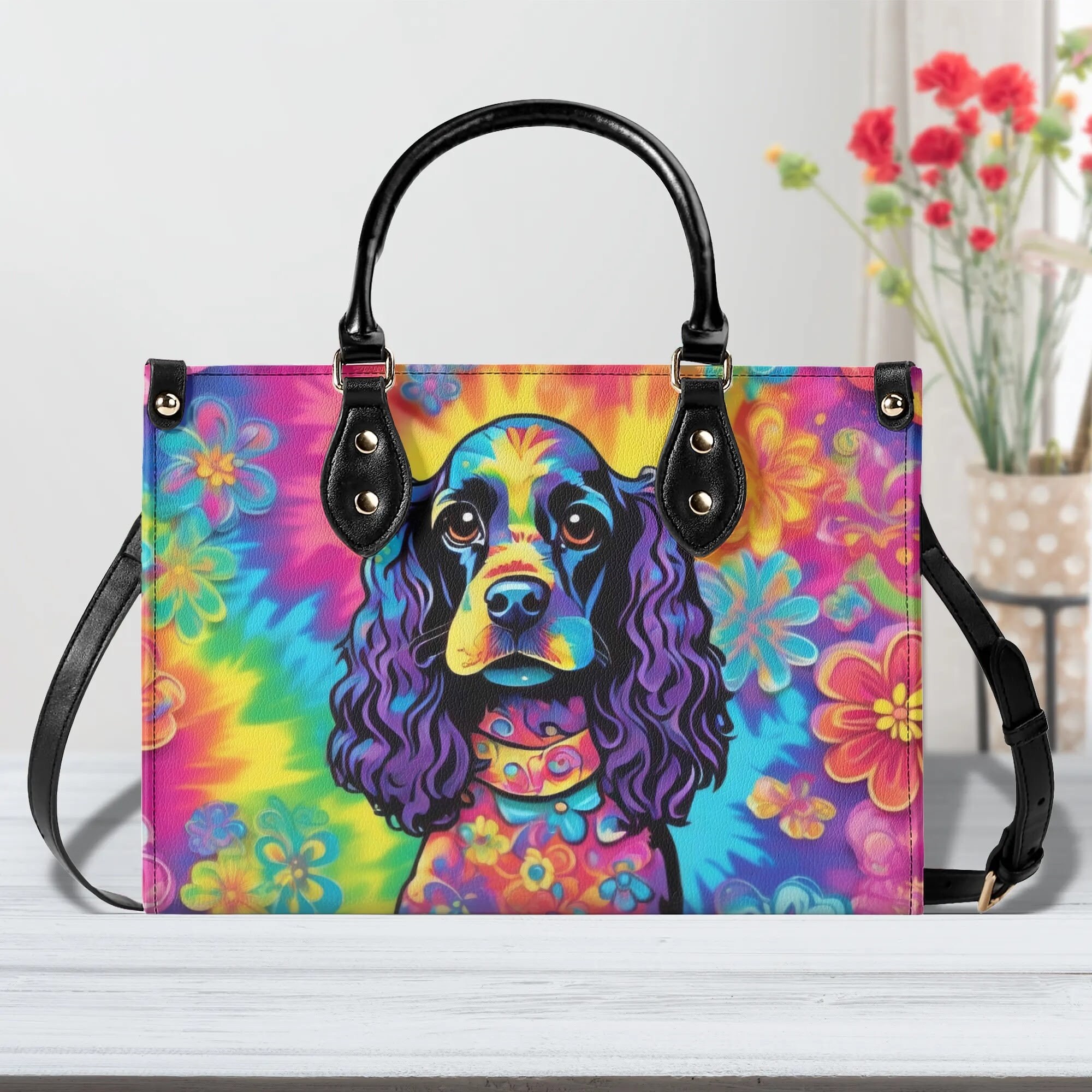 Cocker Spaniel Hippie Tie Dye Floral Custom Dog Tote Bag, Fine Art Gift ...