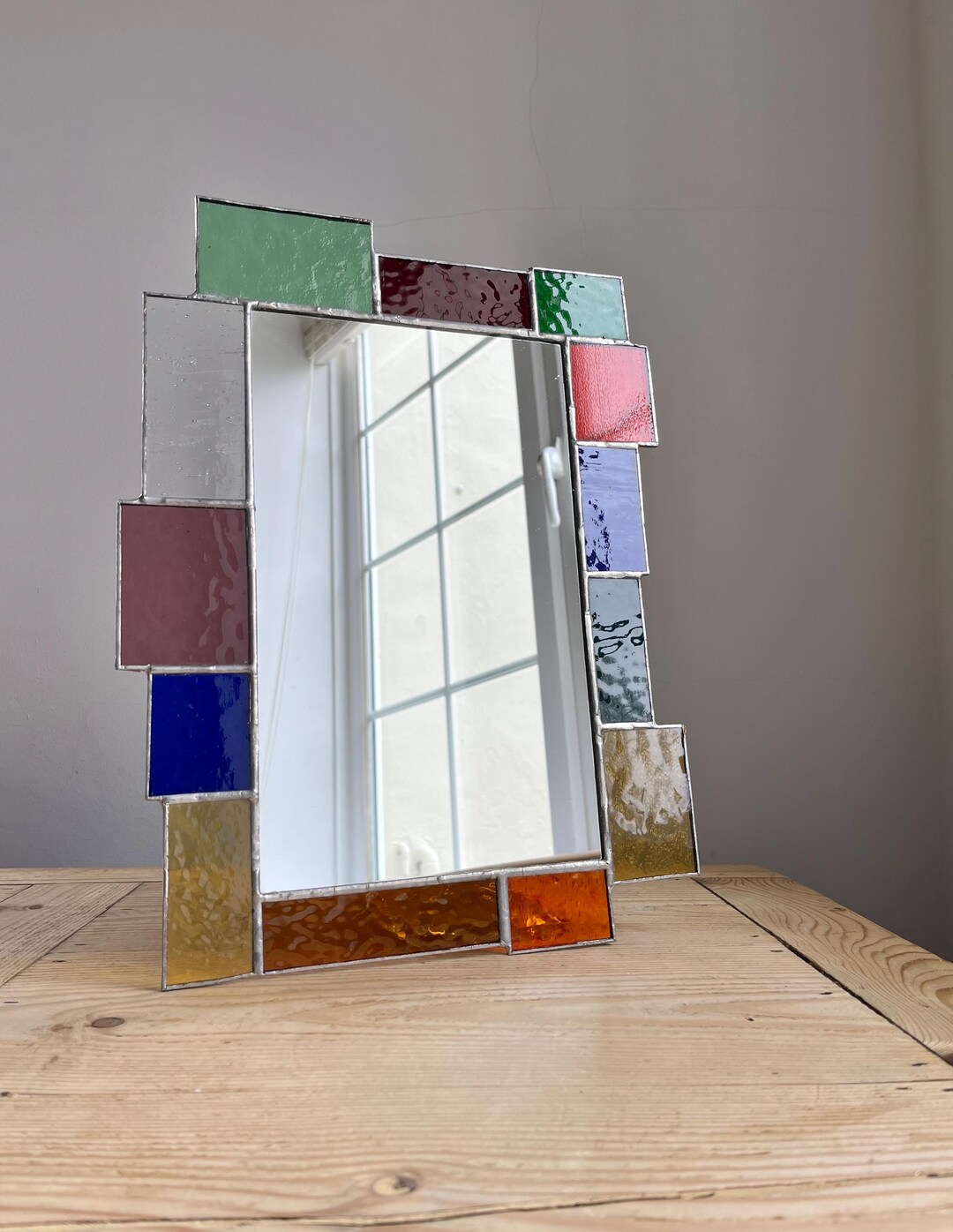 Vintage Mondrian Style Multi Coloured Art Glass Led Lined Wall Mirror ...