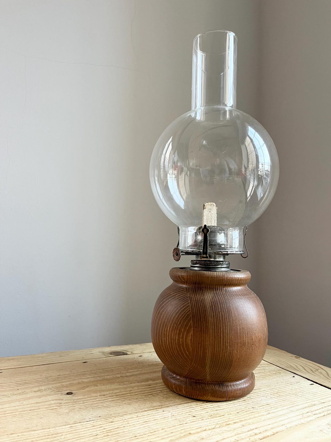 Vintage Primitive Wood Base Oil Lamp - Metal Canister for Fluid 16.5 ...
