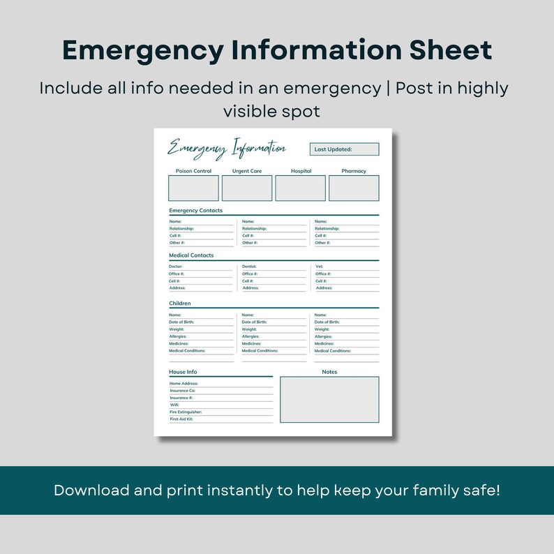 Babysitter Emergency Information Sheet: Minimalist Design (instant ...