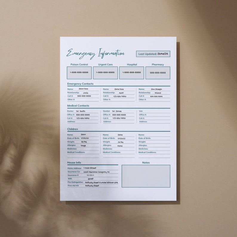 Babysitter Emergency Information Sheet: Minimalist Design (instant ...