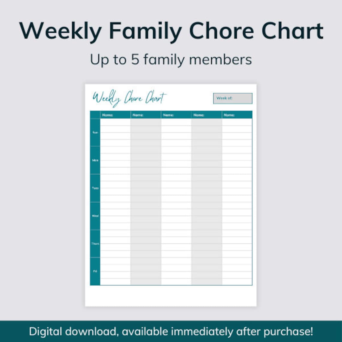 Printable Family Chore Chart, Family Chore Planner Template, Weekly and ...