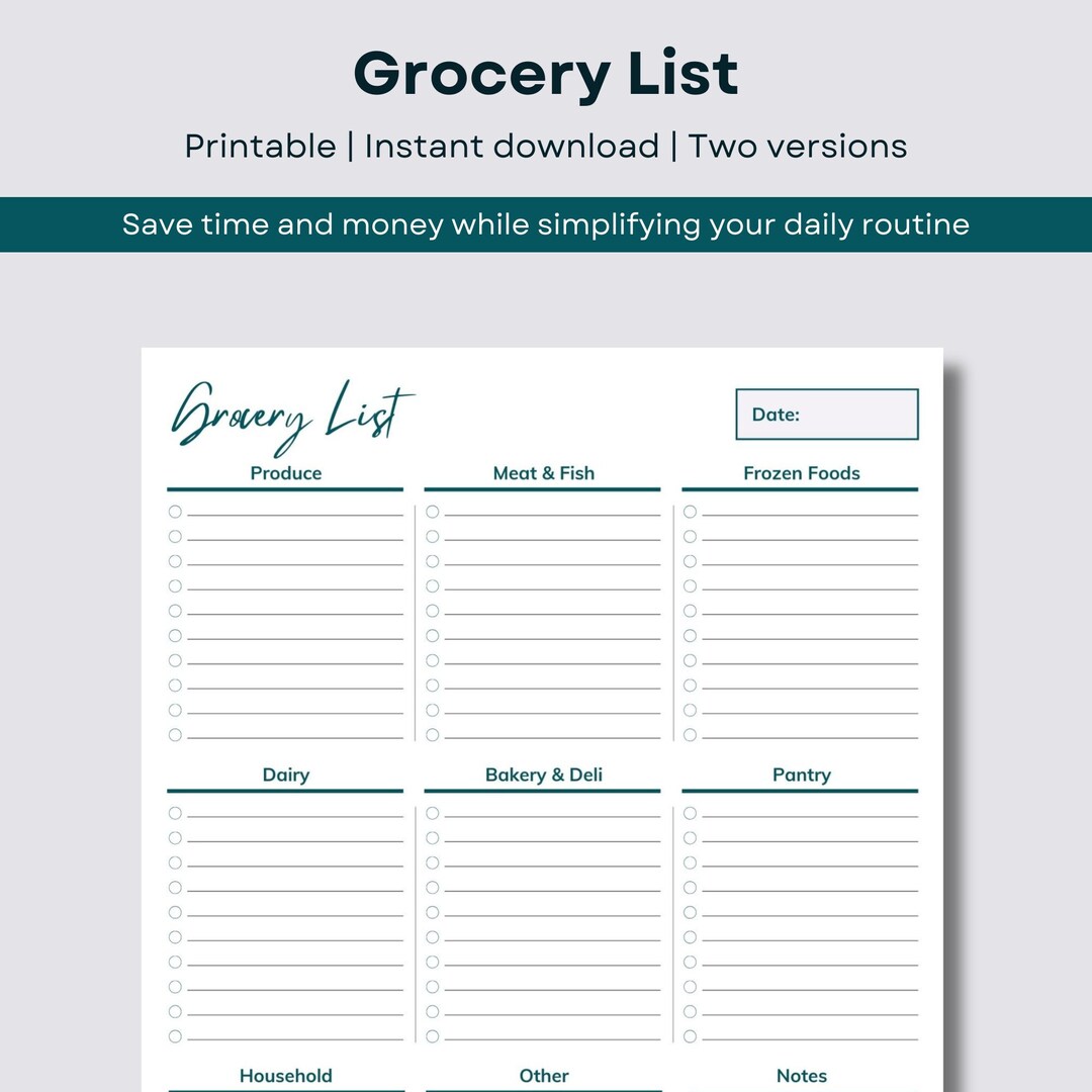 Grocery List, Printable, Weekly Grocery List, Instant Download, Meal ...