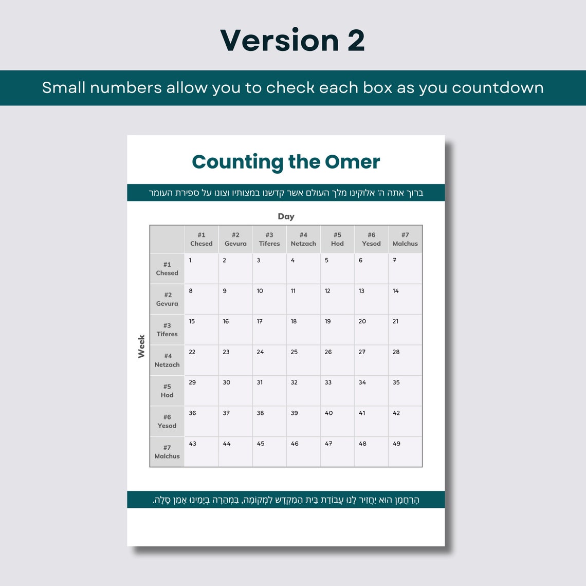 Omer Counter, Printable Sefirat Haomer Counting Chart, Sefiras Haomer ...