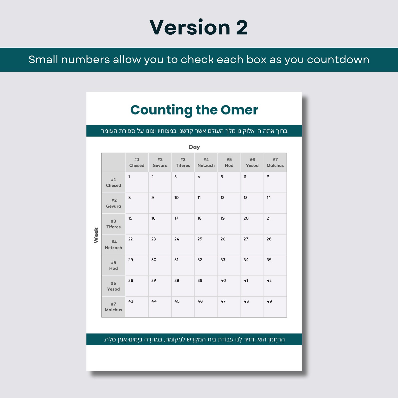 Omer Counter, Printable Sefirat Haomer Counting Chart, Sefiras Haomer ...