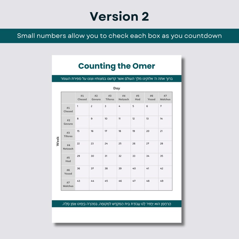 Omer Counter, Printable Sefirat Haomer Counting Chart, Sefiras Haomer ...