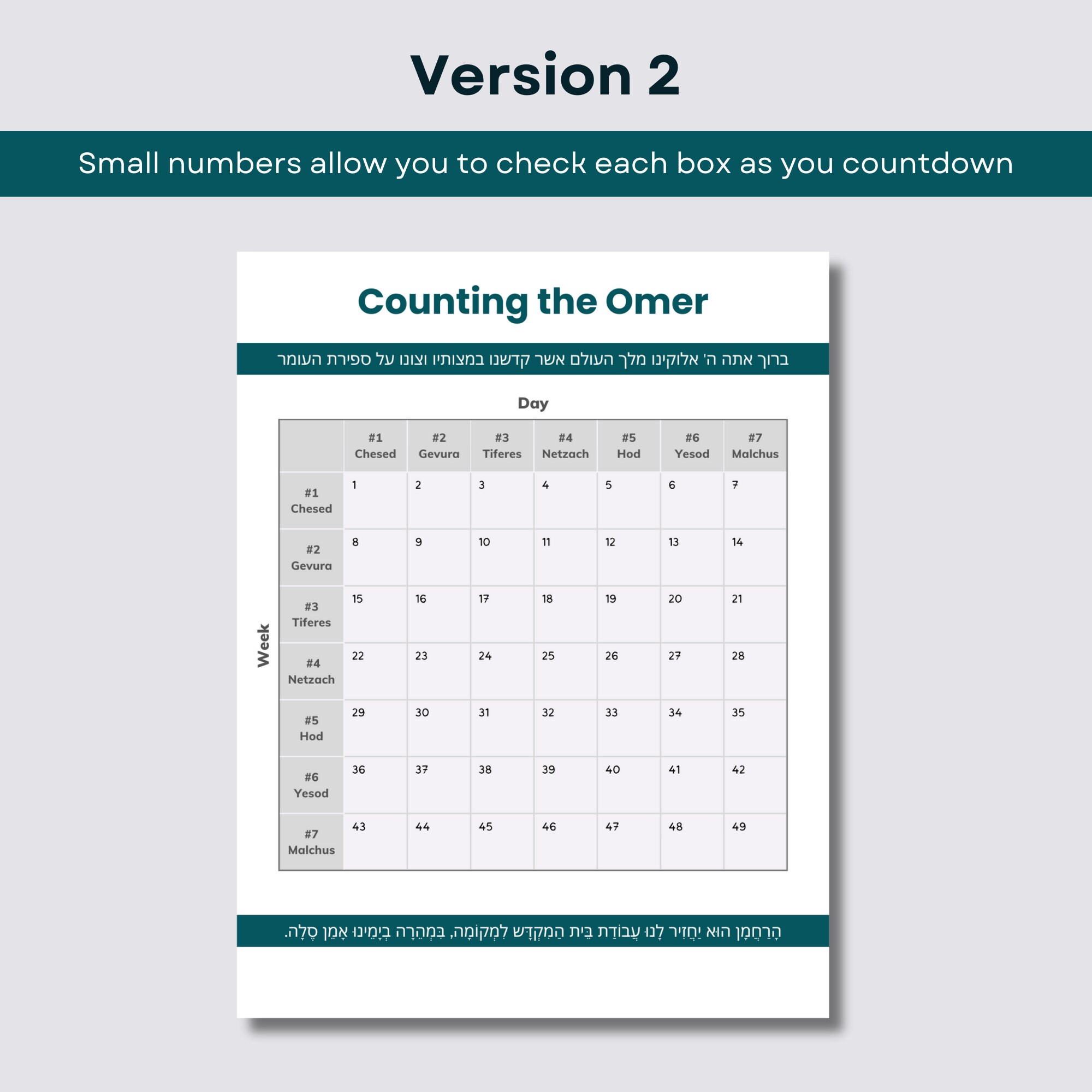 Omer Counter, Printable Sefirat Haomer Counting Chart, Sefiras Haomer ...