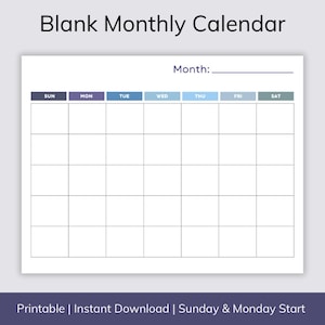 Printable Monthly Calendar Blank Monthly Calendar Fillable Calendar ...