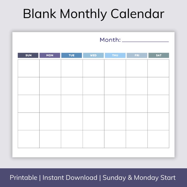 Printable Monthly Calendar Blank Monthly Calendar Fillable Calendar ...