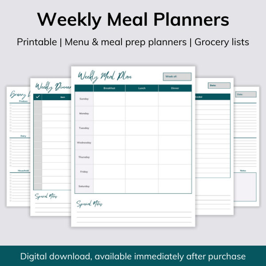 Weekly Meal Planner Printable: Menu, Grocery List, Meal Prep (digital ...