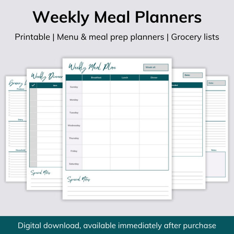 Weekly Meal Planner, Printable Meal Planners and Grocery Lists With Meal Prep Planner, Food ...