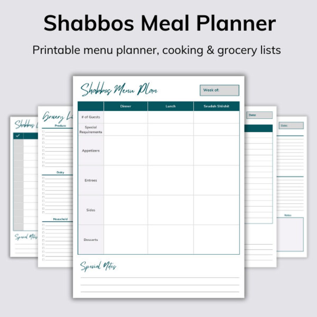 Shabbos Meal Planner, Printable Menu Planner, Grocery Lists, Cooking ...