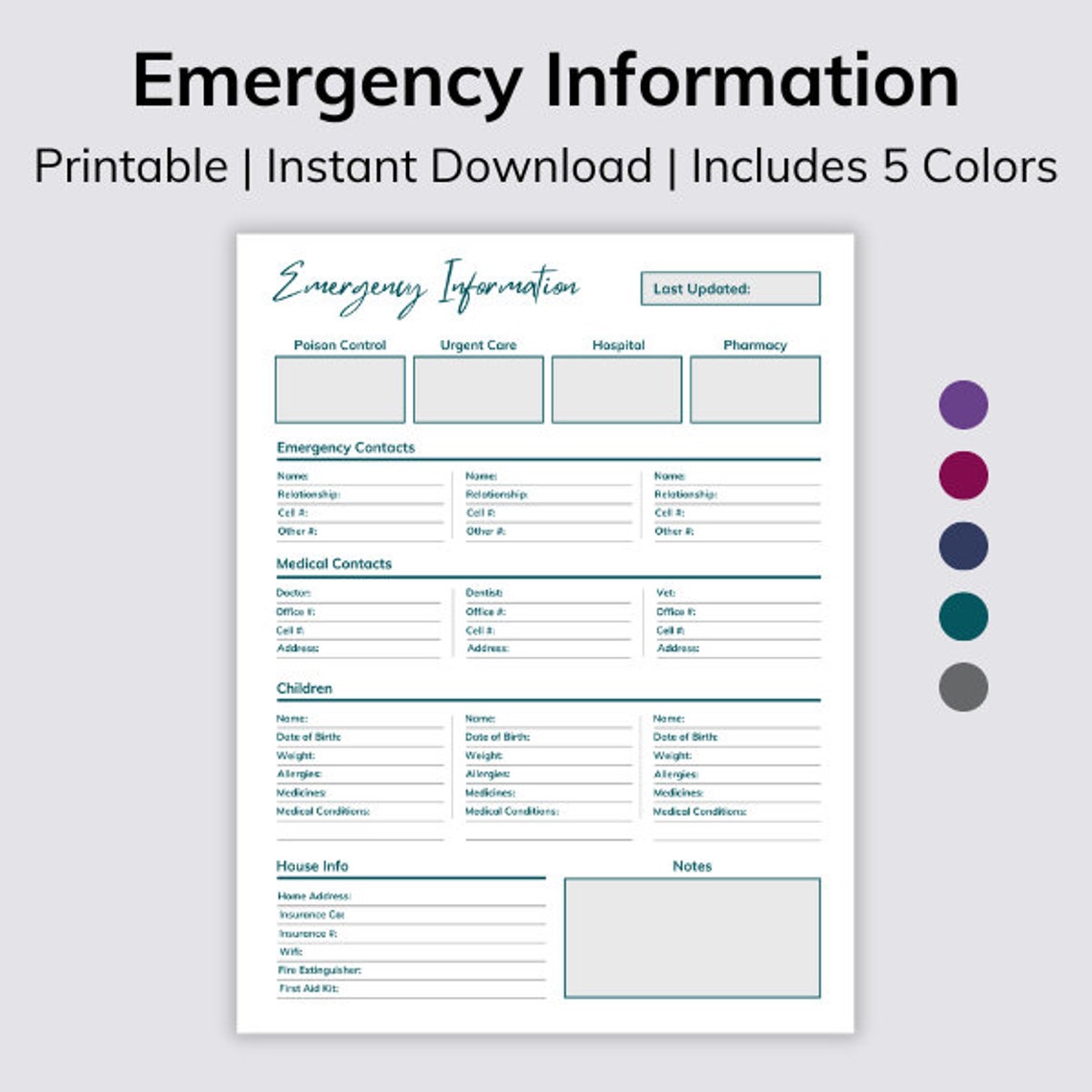 Printable Emergency Information Sheet for Babysitters, Caregivers ...