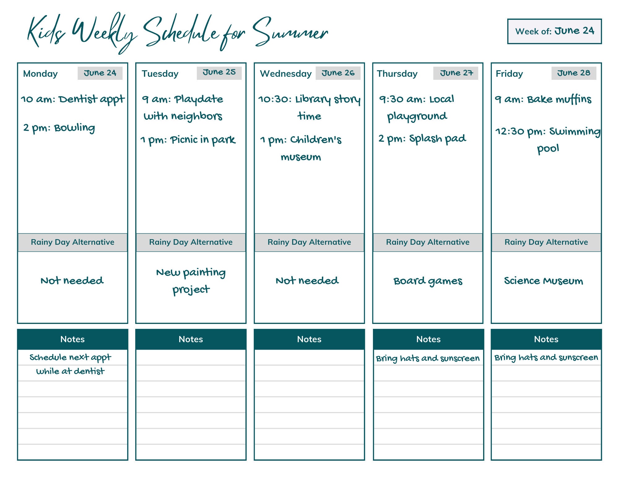 Weekly Summer Schedule for Kids | Summer Calendar | Kids Summer ...