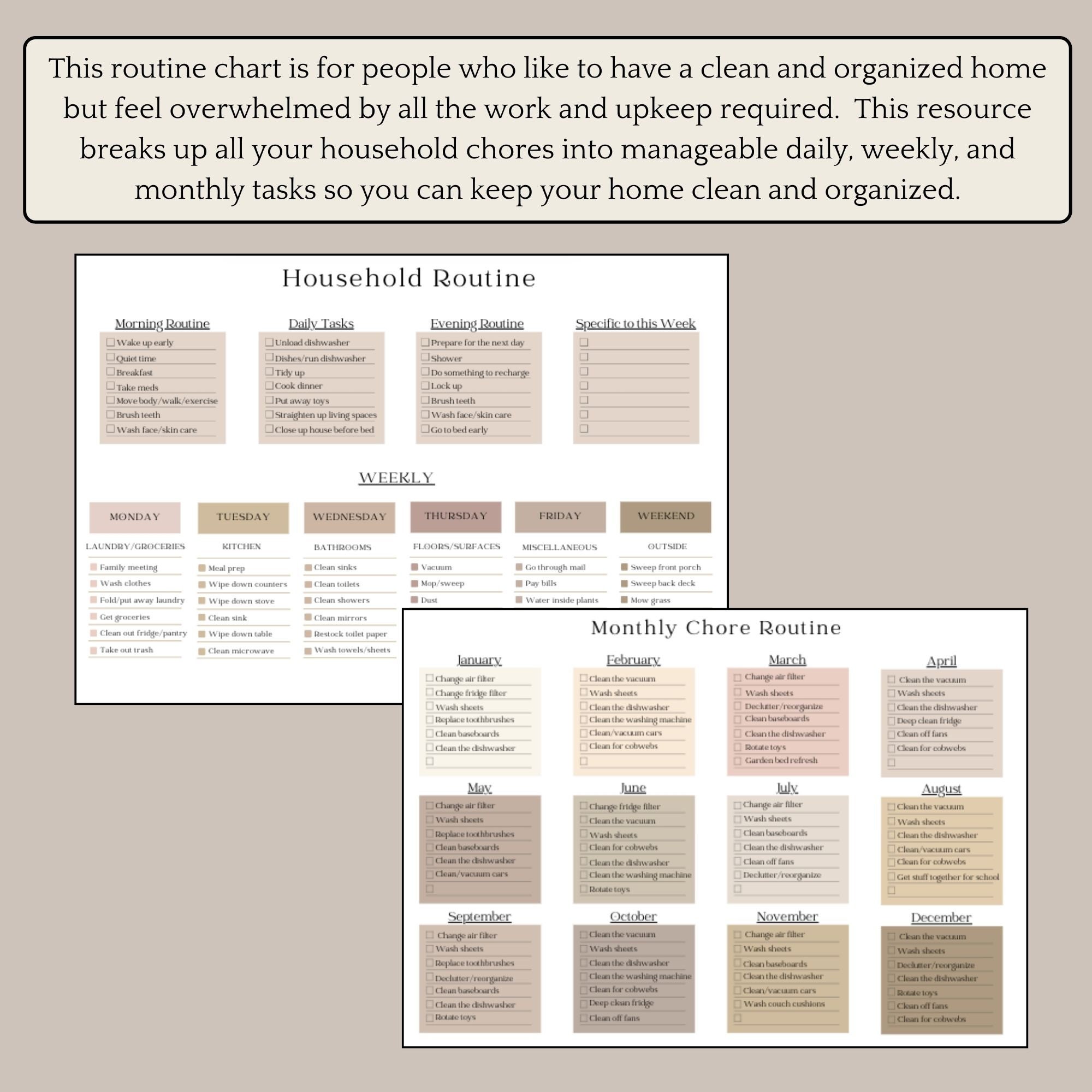 Household Routine and Chore Chart | Weekly, Monthly, Yearly Cleaning ...