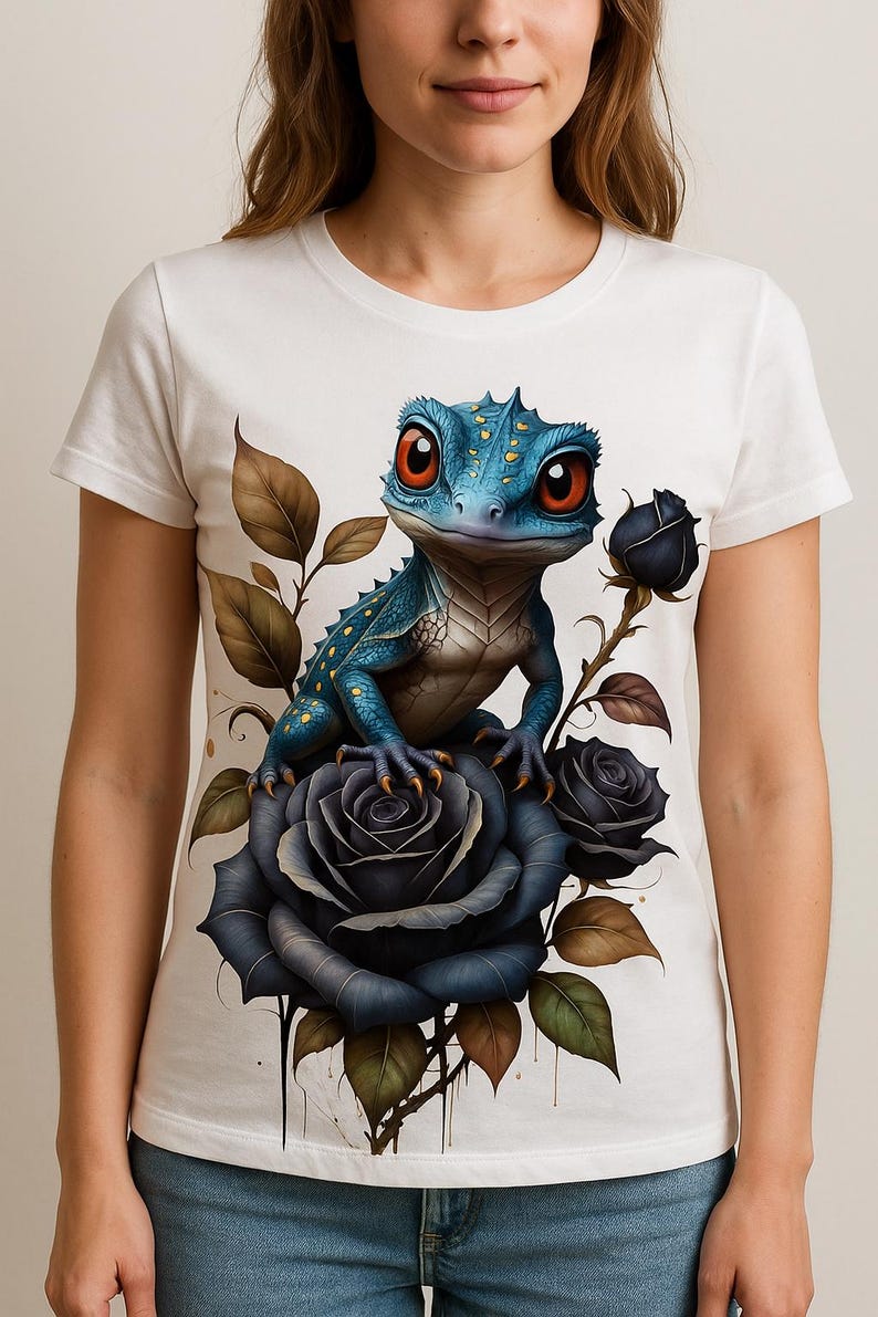 Blue Fantasy Lizard on Black Roses PNG Cute Gecko Clipart Dark Floral ...