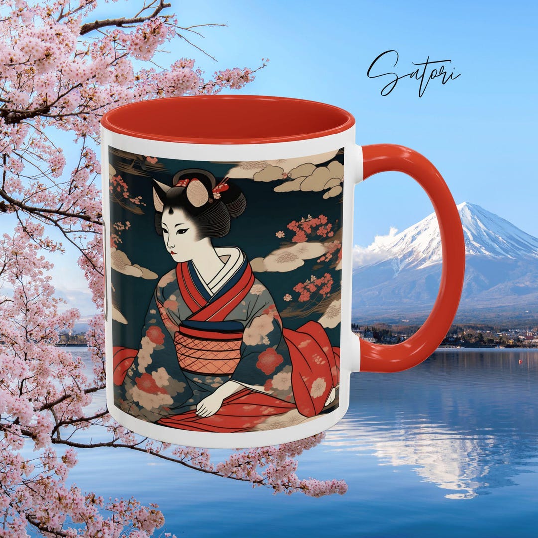 Kitsune Neko Geisha Mug 11-15oz, Ukiyo-e Japan Design, Japanese Kimono ...