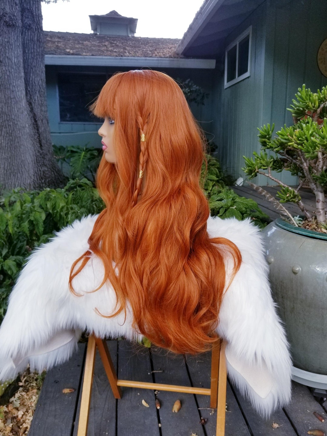 Ginger Copper Wig With Bangs, Gold Braids Beads Curly Long Synthetic ...