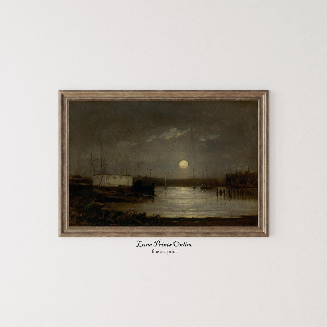 Vintage Print of Full Moon Over Docks Bay, Dark Academia Gothic Antique ...