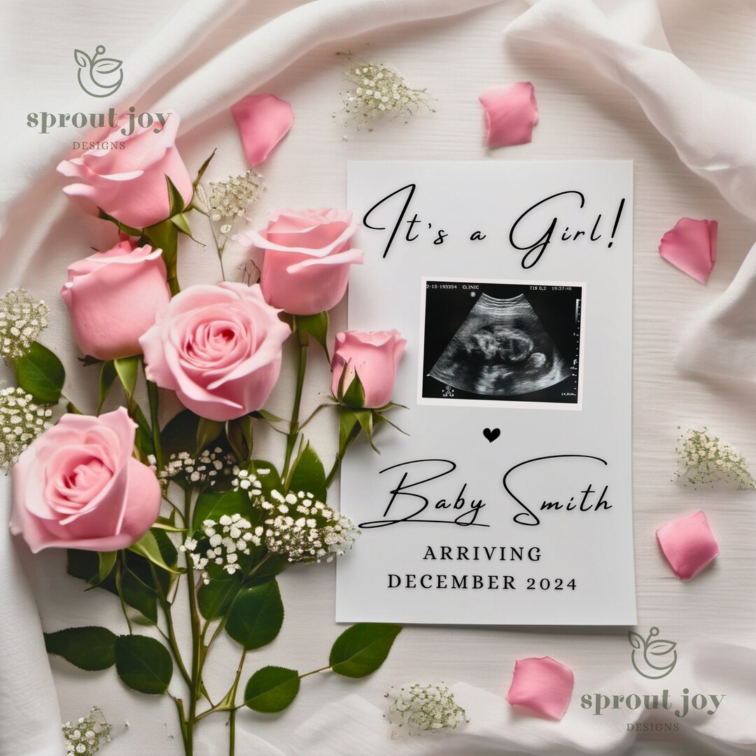 Girl Baby Gender Announcement Digital, Floral Minimalist Social Media ...