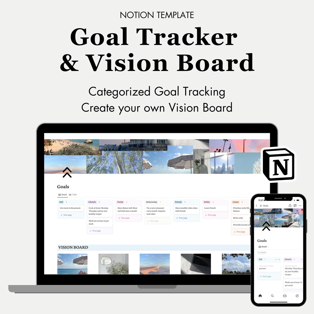 2025 Goal Tracker & Vision Board Notion Template | SMART Goals | Yearly ...