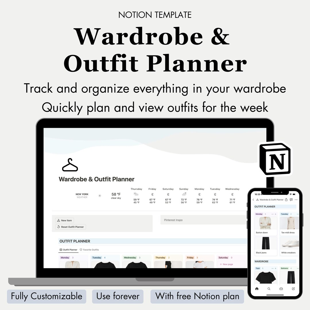 Wardrobe & Outfit Planner Notion Template, Personal Planner, Digital ...