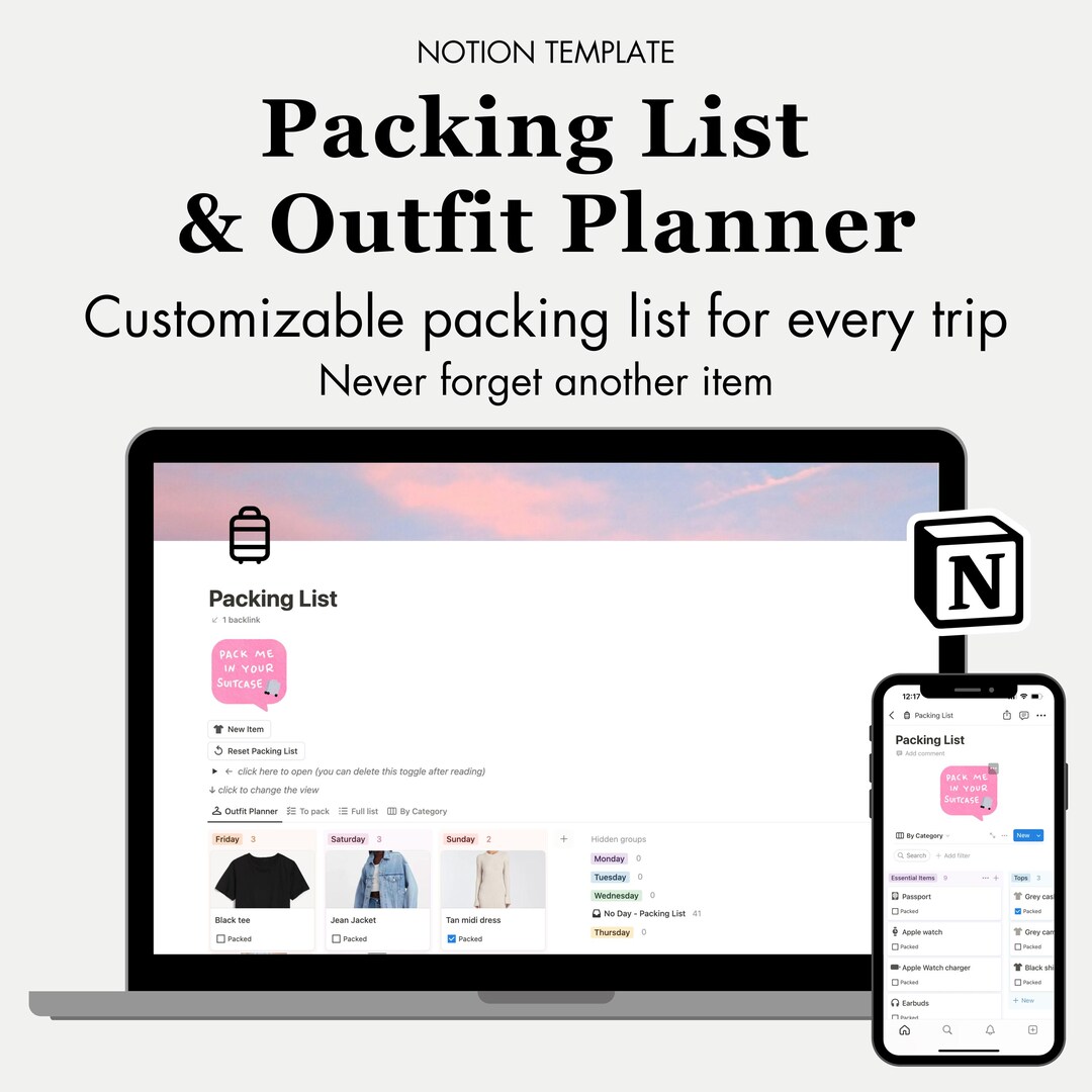 Packing List & Outfit Planner Notion Template, Customizable Notion ...