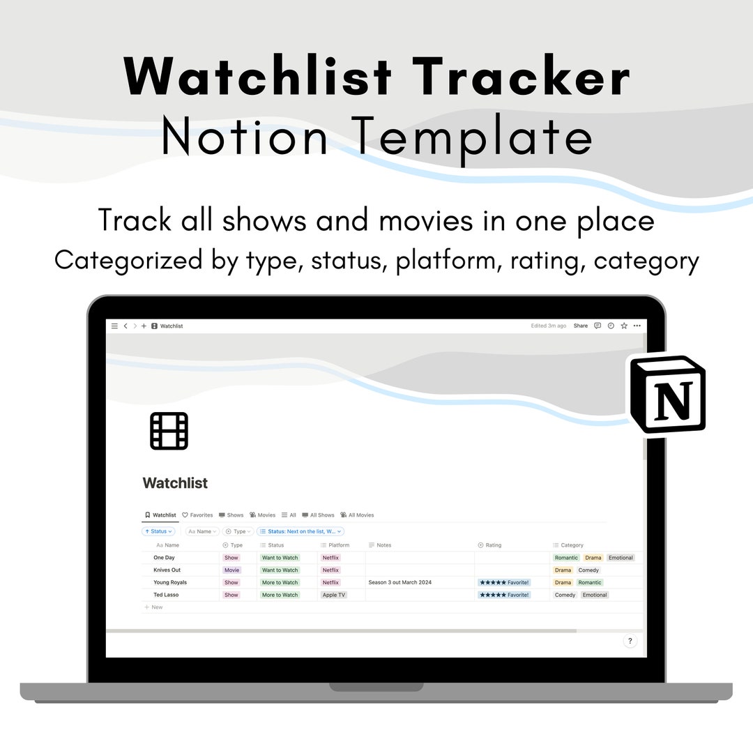Show/movie Watchlist Tracker Notion Template - Etsy