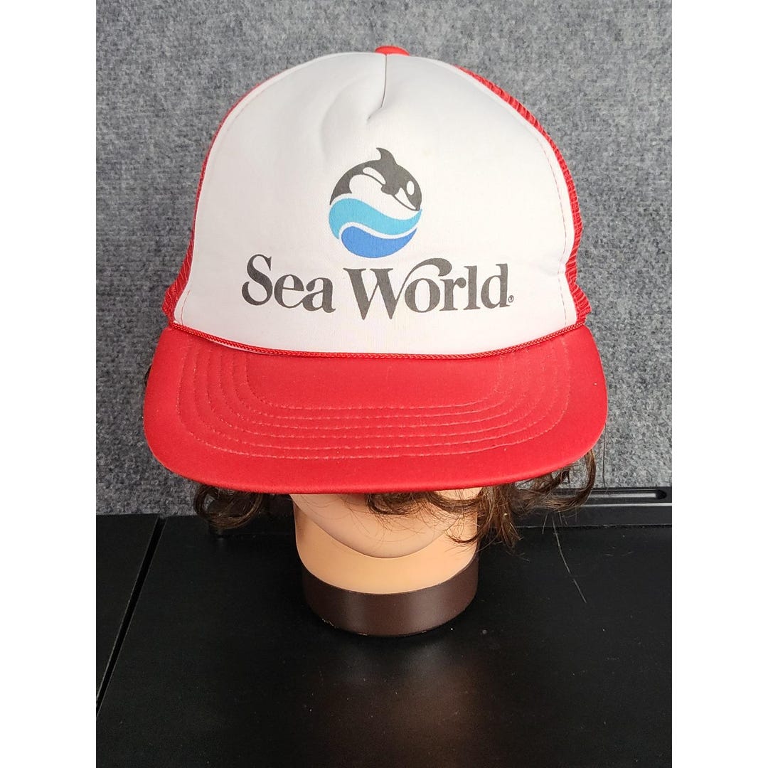 Vintage Seaworld Trucker Hat 1987 Souvenir Snapback Red White Waterpark ...
