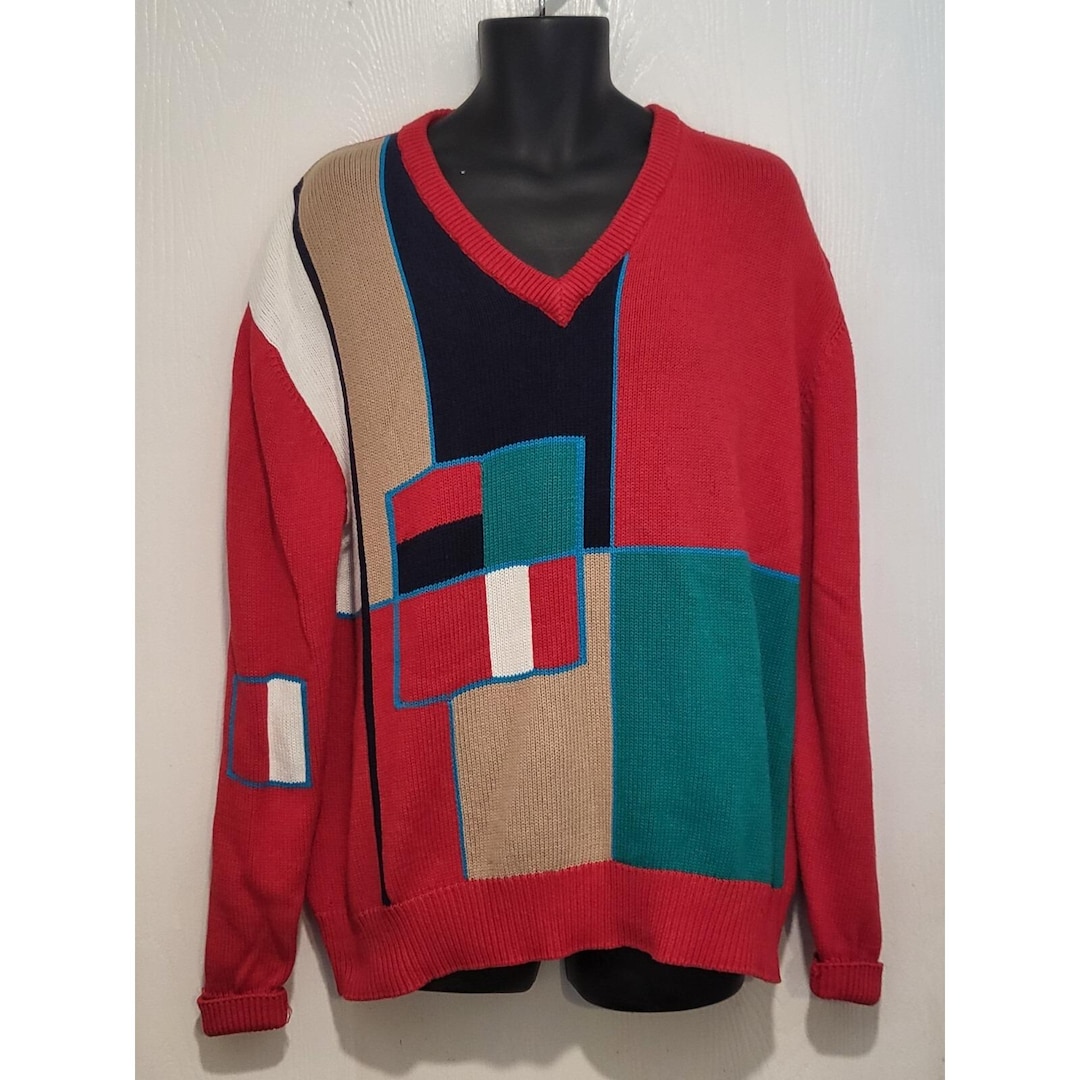 Vintage Izod Club Multicolor Colorblock Crew Neck Sweater Sz XL Men ...
