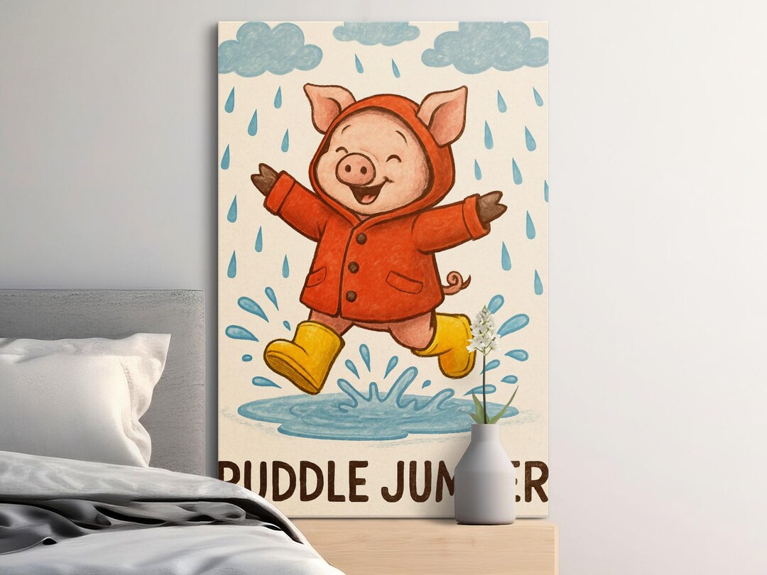 Pig in Raincoat Digital Art, Puddle Jumper Print, Nursery Decor, Cute ...