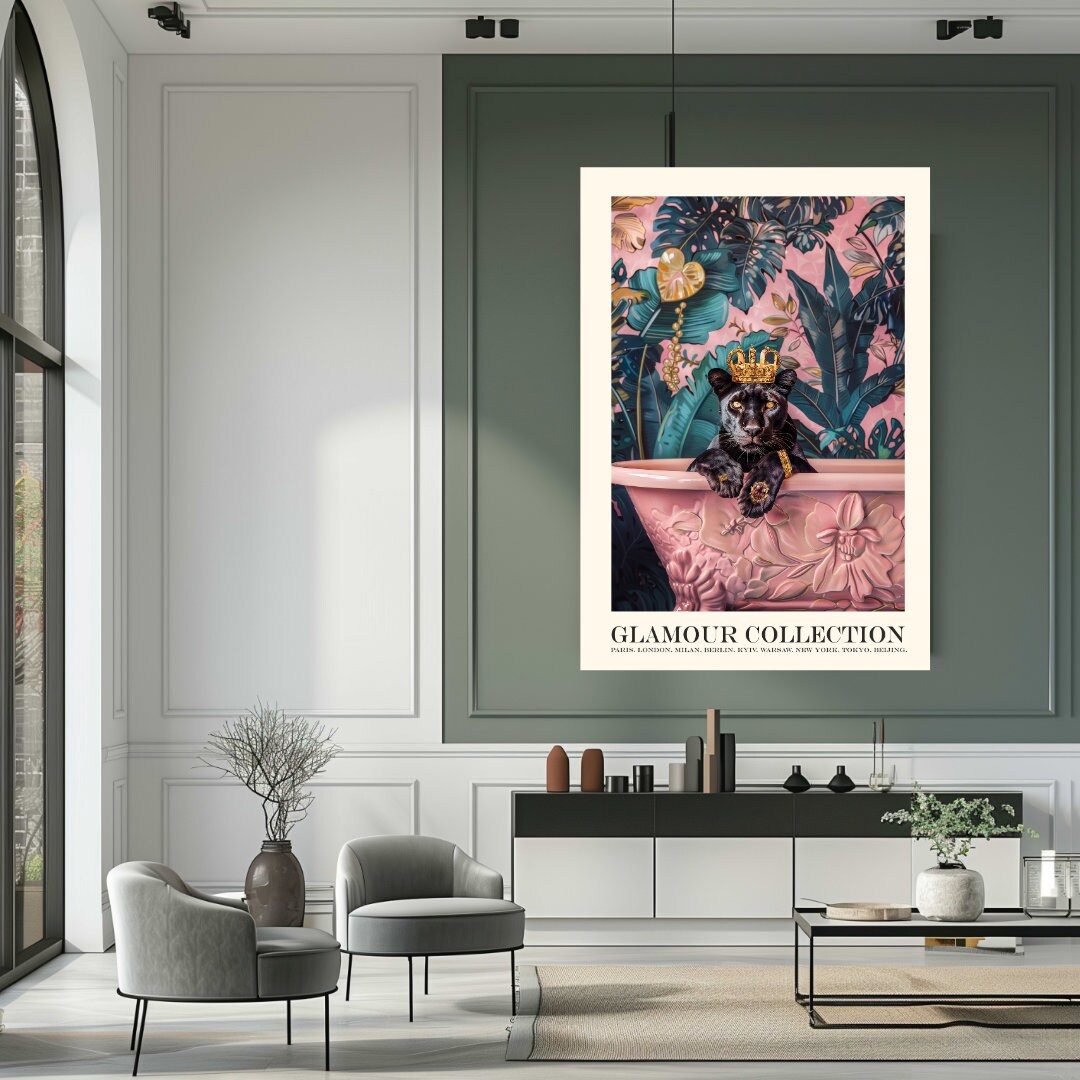Hot Pink Art Wall Black PANTHER in TUB, Jungle Bathroom Art, Glamour ...