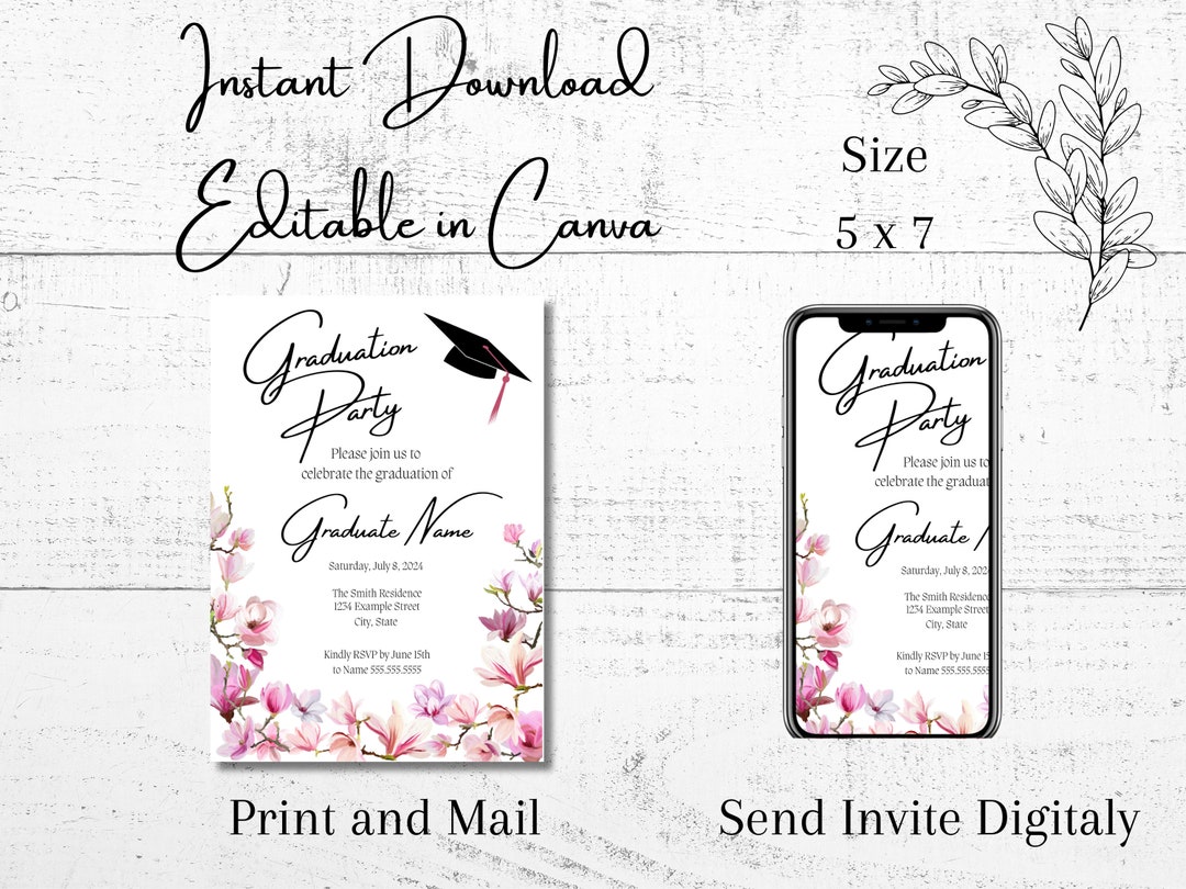 Pink Flowers Graduation Party Invitation, Grad Party Invite, Invitation ...