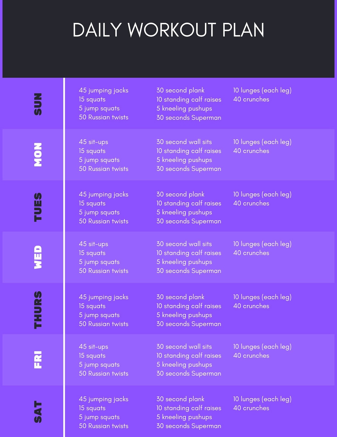 Daily Workout Plan - Etsy