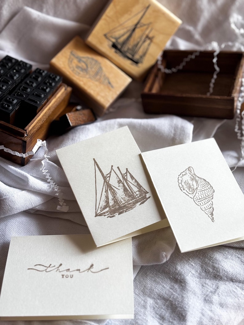 Coastal Note Card Set – Nautical Sailboat & Seashell Stationery – Blank ...