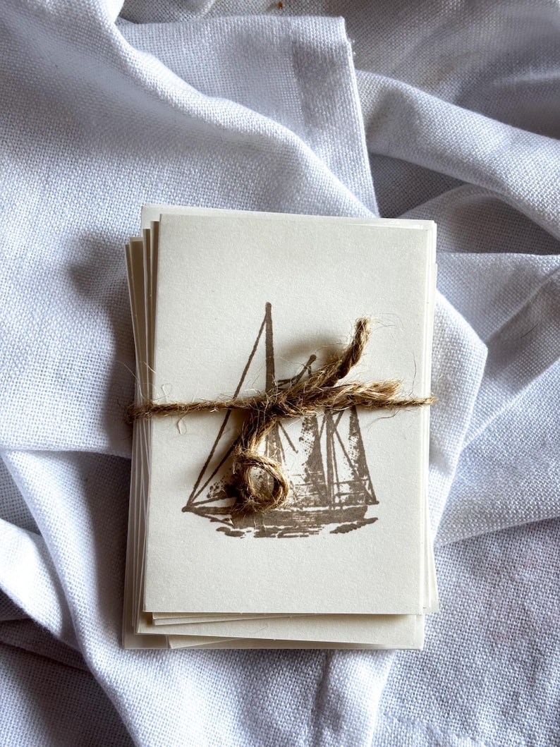 Coastal Note Card Set – Nautical Sailboat & Seashell Stationery – Blank ...