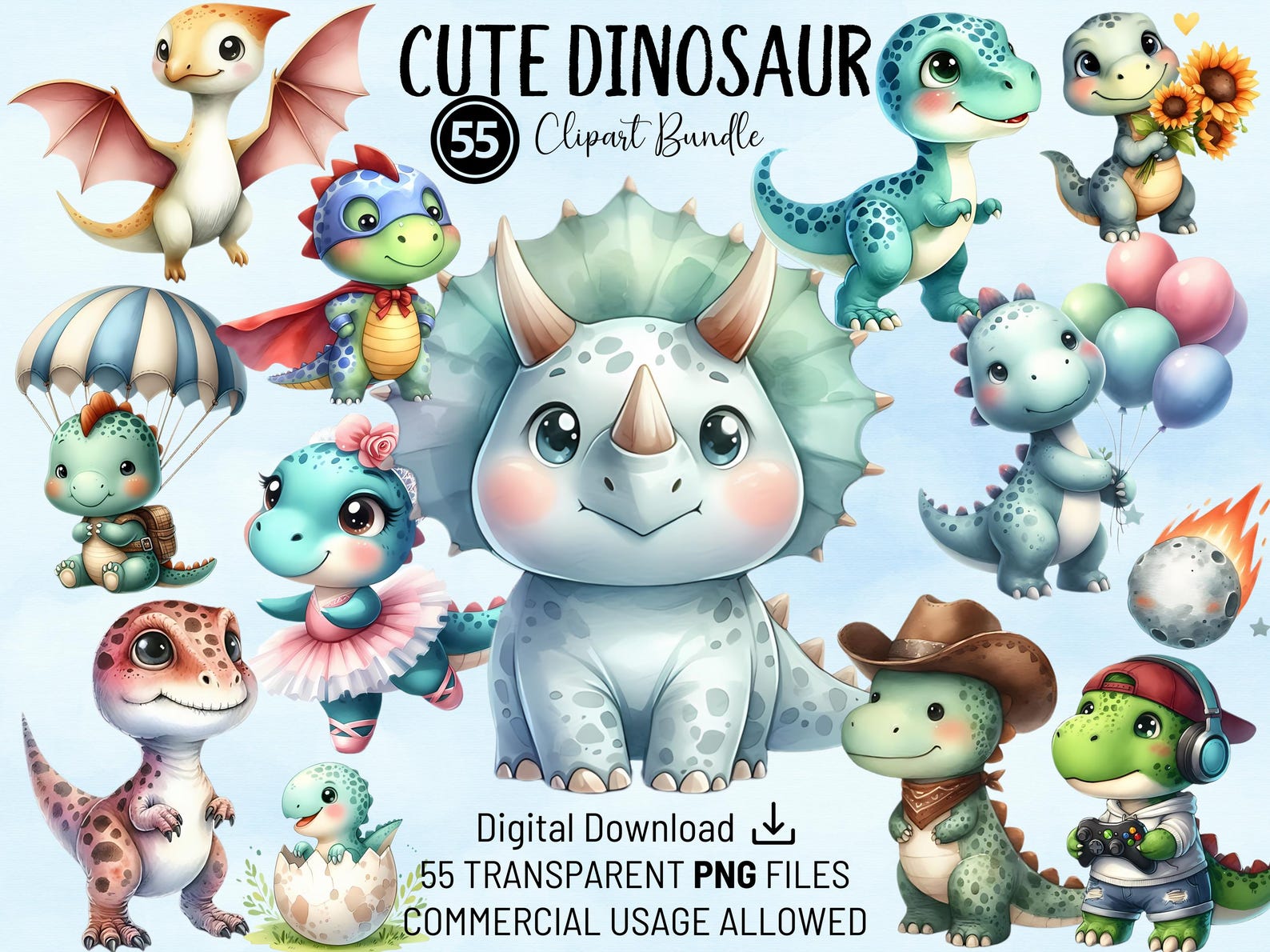 Cute Dinosaur Clipart Bundle, Baby Dinosaur, High Quality Pngs ...