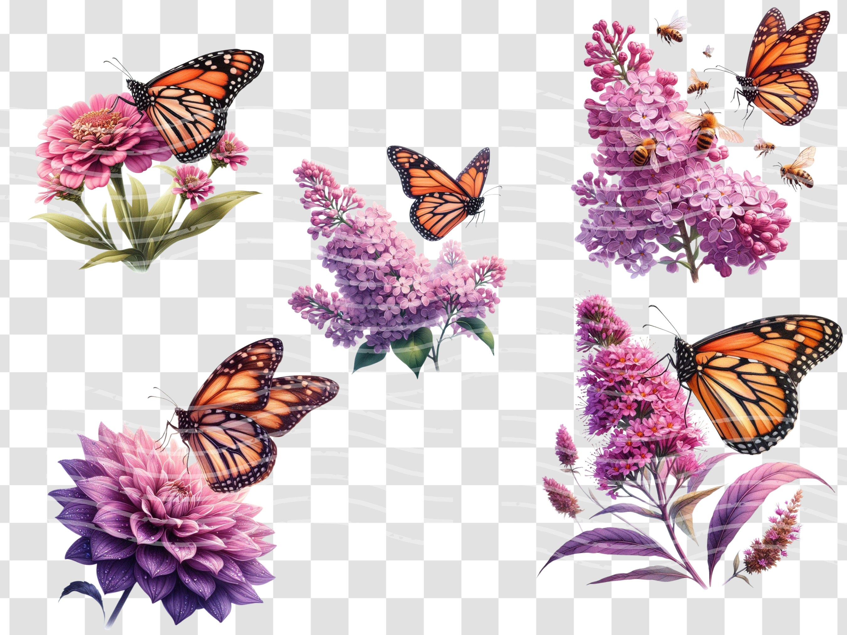 Butterfly Garden Clipart Bundle With Monarch Butterflies and Flowers ...