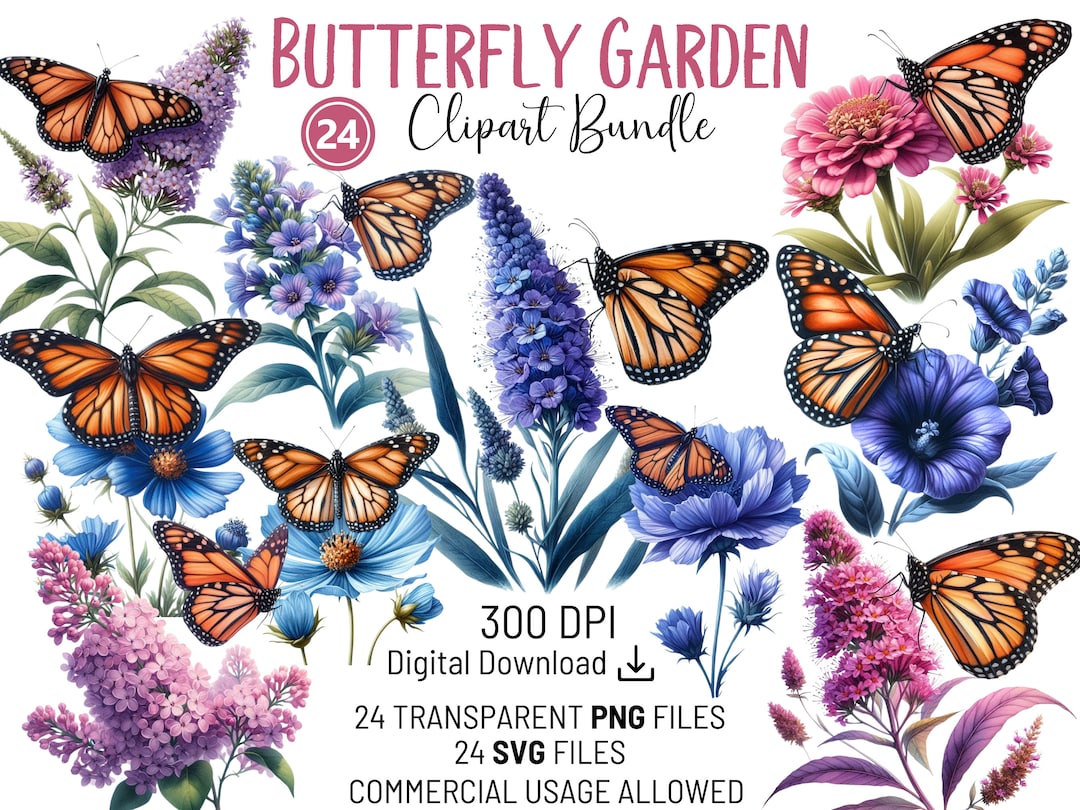 Butterfly Garden Clipart Bundle With Monarch Butterflies and Flowers ...