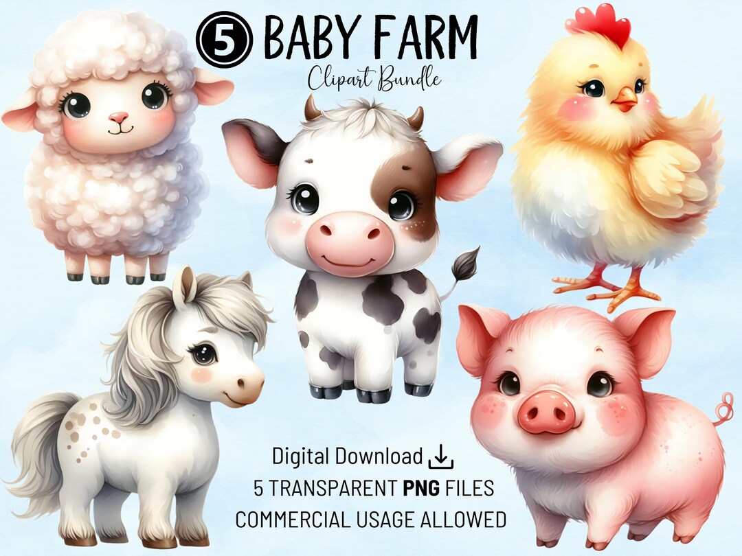 Baby Farm Clipart Bundle, Cute Farm Animal Illustrations ,commercial ...